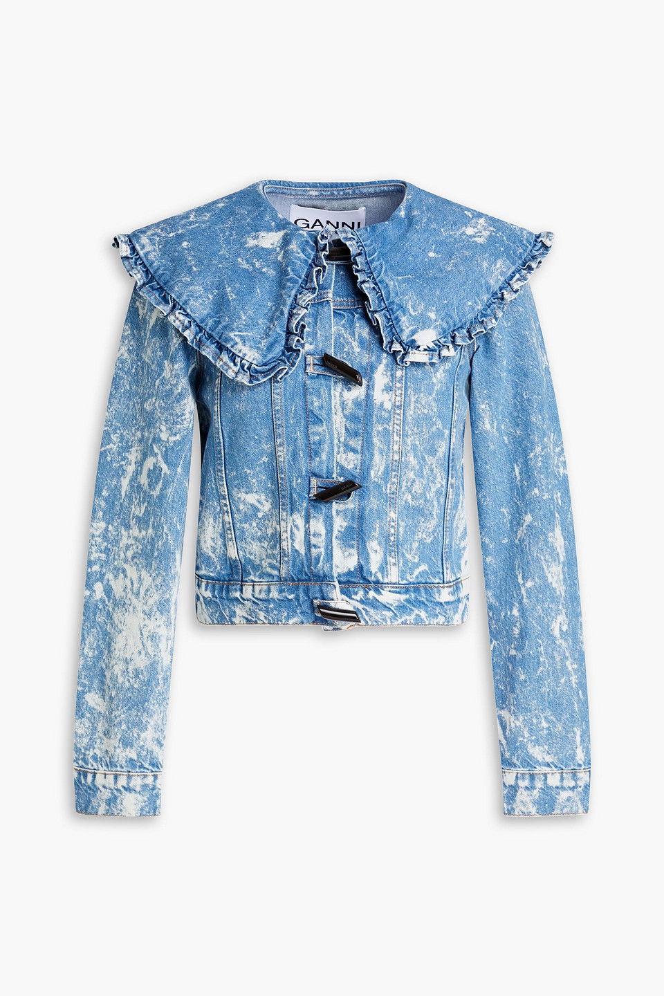 GANNI Ruffled Bleached Denim Jacket in Blue | endource