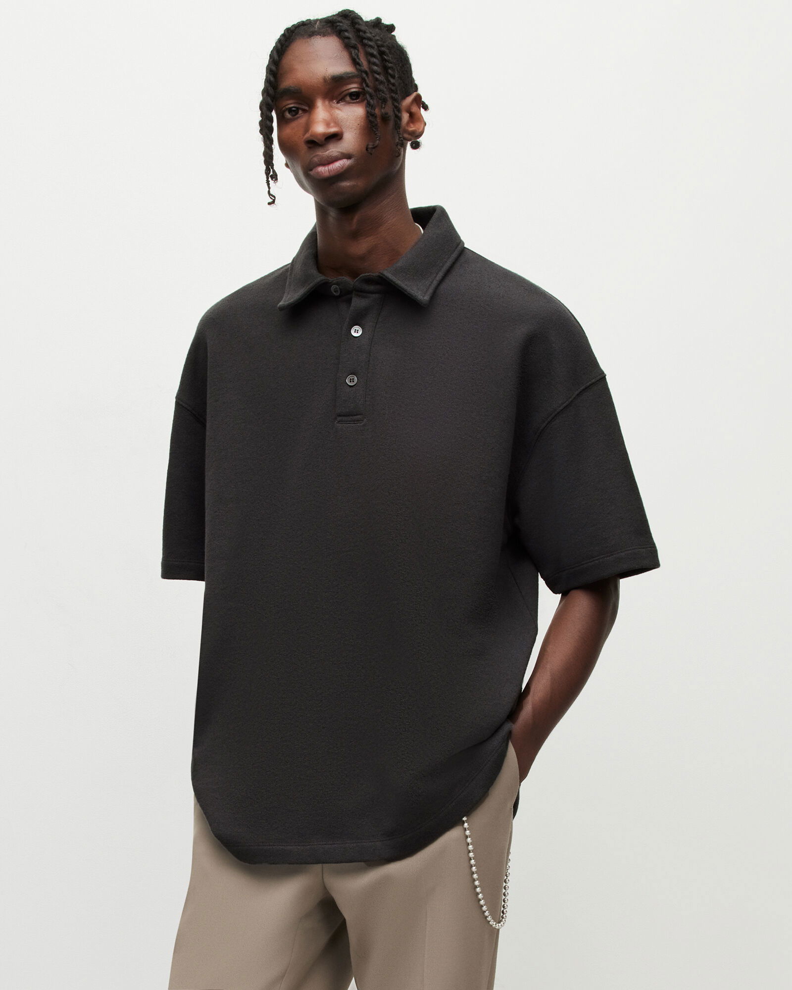 ALLSAINTS Easton Oversized Polo Shirt in Washed Black | endource