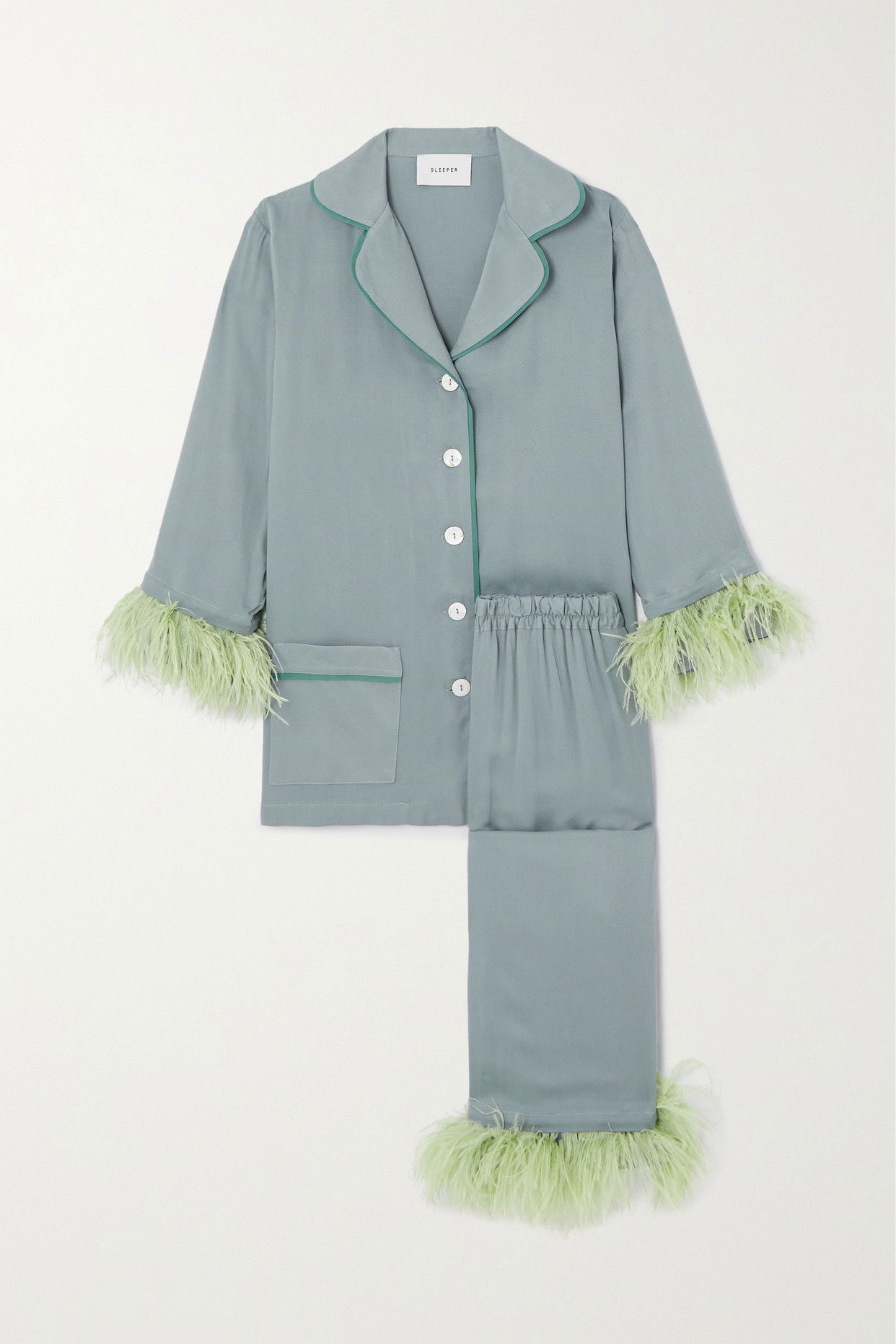 SLEEPER Party Feather-Trimmed Twill Pajama Set in Gray | Endource