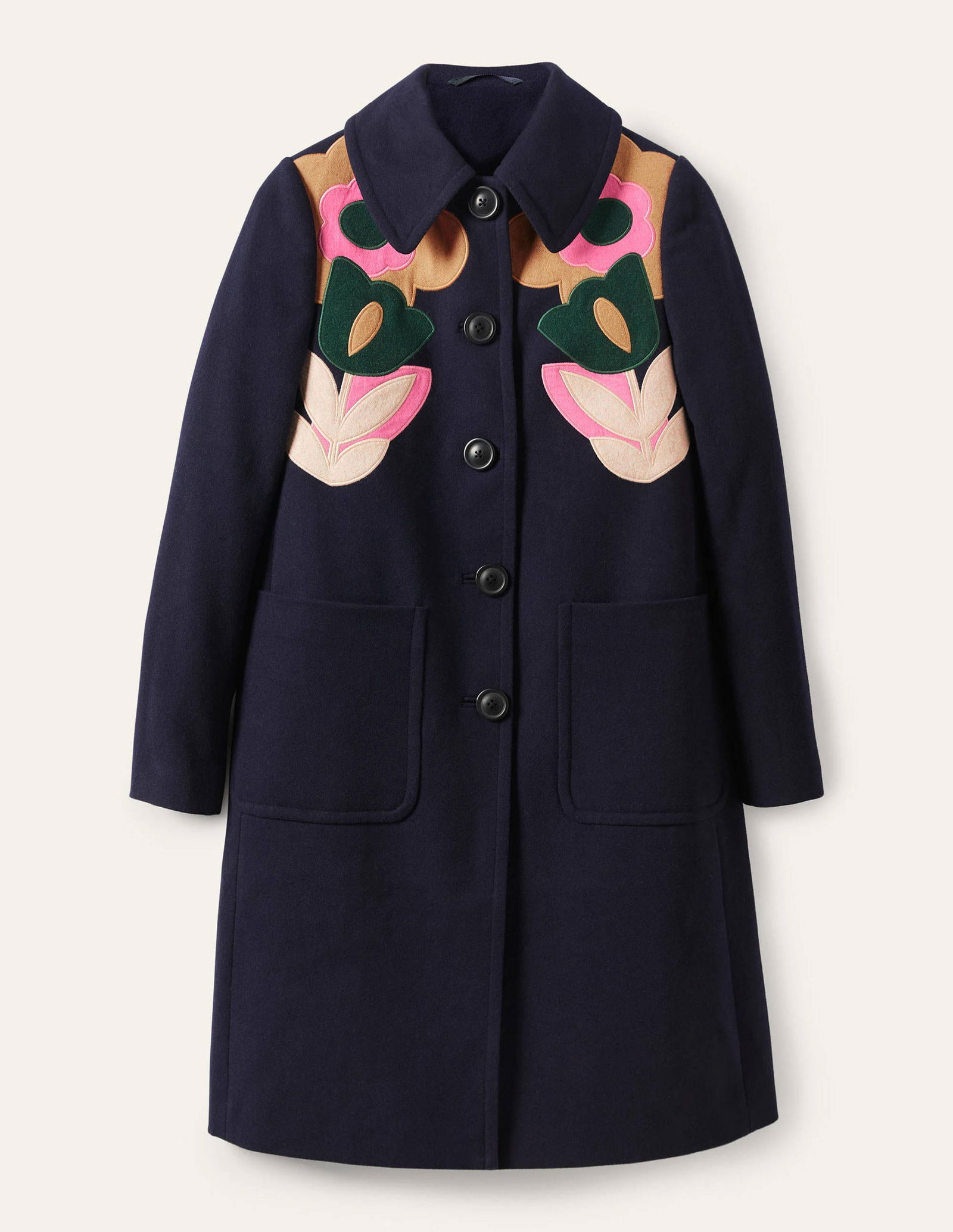 BODEN Amelia Appliqué Wool Coat in Navy | endource