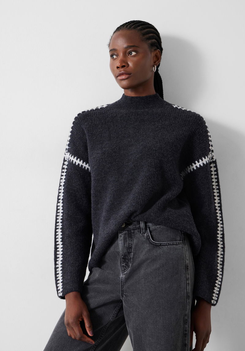 HUSH Celine Contrast Stitch Wool Blend Jumper in Charcoal Marl/Off ...