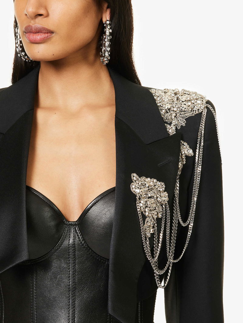 Alexander Mcqueen Crystal Embellished Cropped Wool Blazer In Black