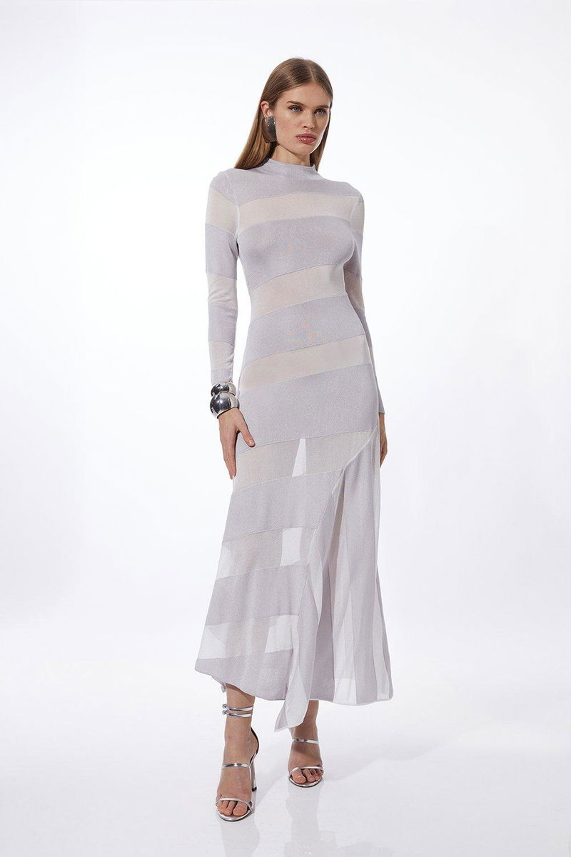 Karen Millen Viscose Blend Slinky Knit Pannelled Maxi Dress In Neutral