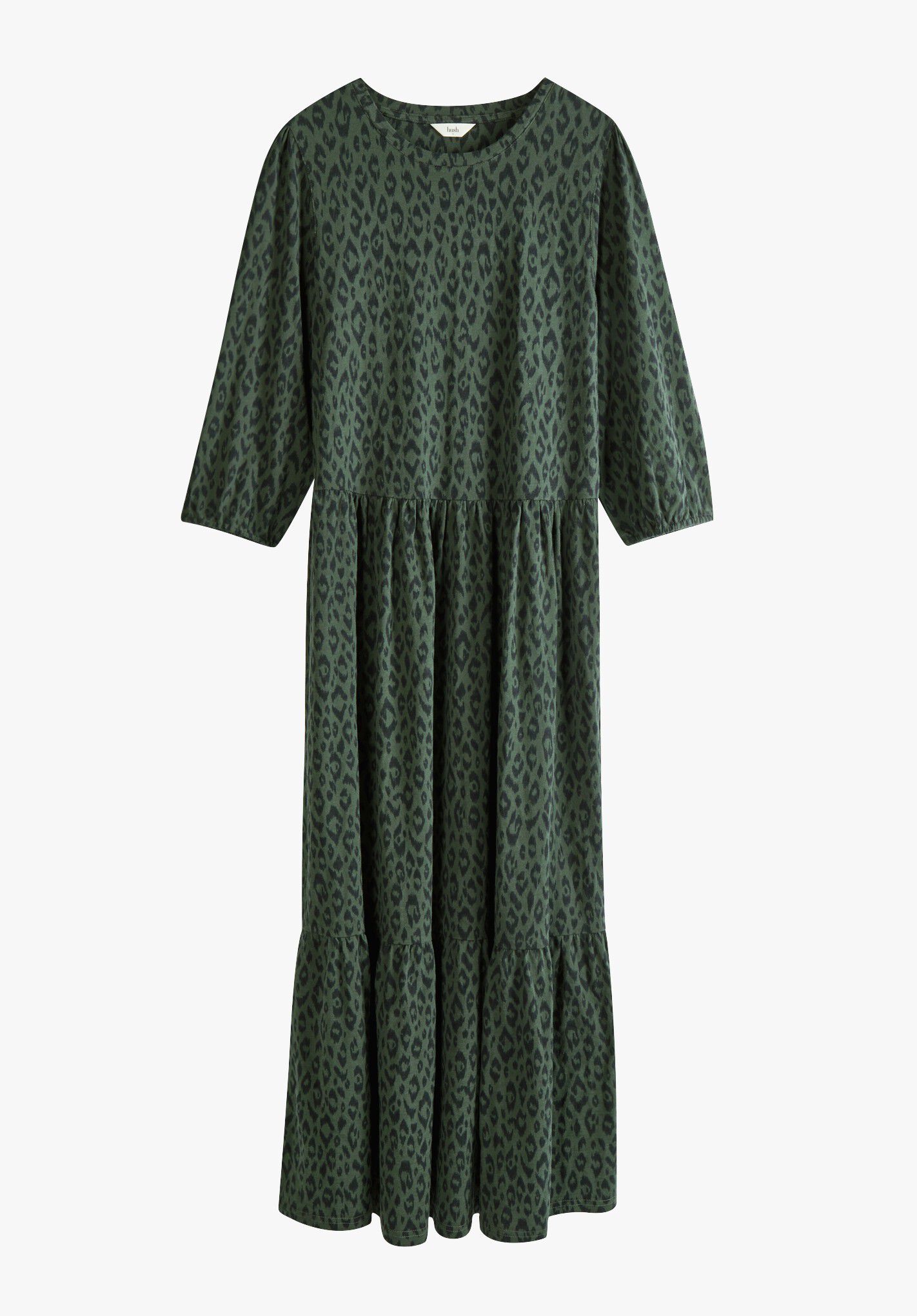 HUSH Athena Tier Dress in Animal Ikat Khaki | endource