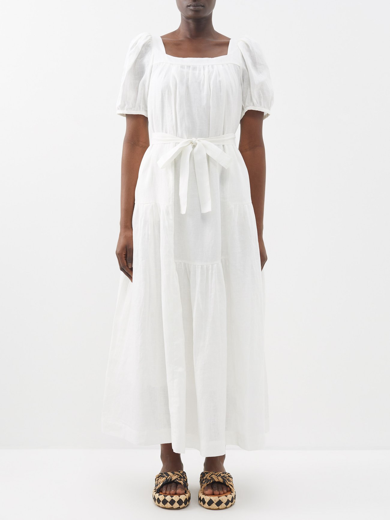 SALONI Yashi Belted Gathered Linen Midi Dress in White | Endource
