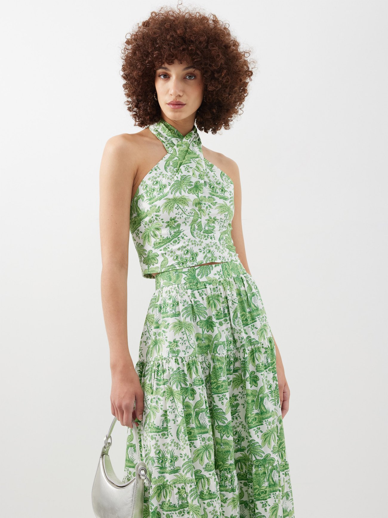 STAUD Kai Palm-Print Cotton-Blend Halterneck Top in Green | endource