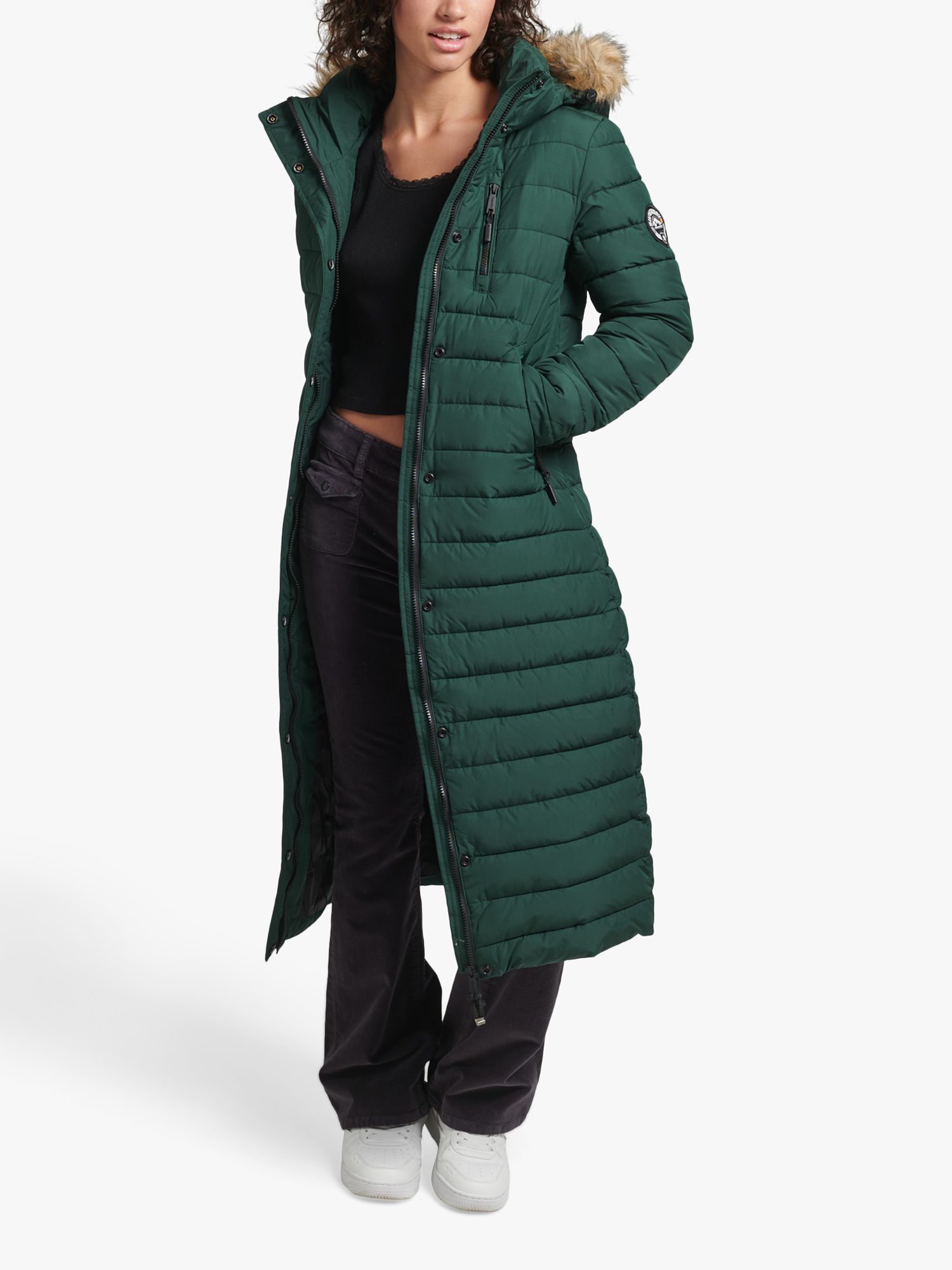 SUPERDRY Faux Fur Hooded Longline Light Padded Puffer Coat in Sandstone ...