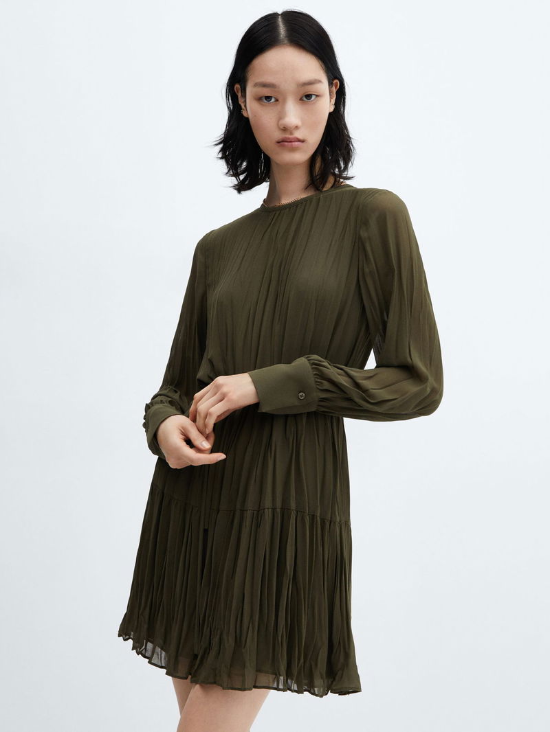 MANGO Isabel Pleated Mini Dress in Khaki | Endource