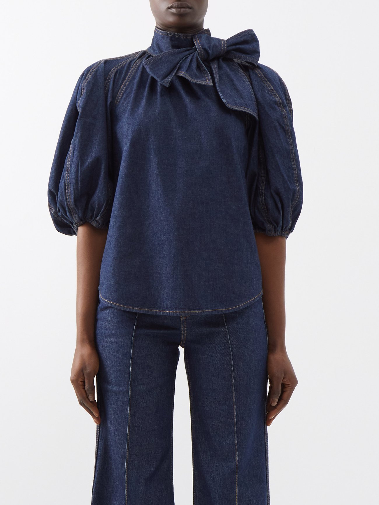 ZIMMERMANN Tie-Neck Puff-Sleeve Denim Blouse in Blue | endource