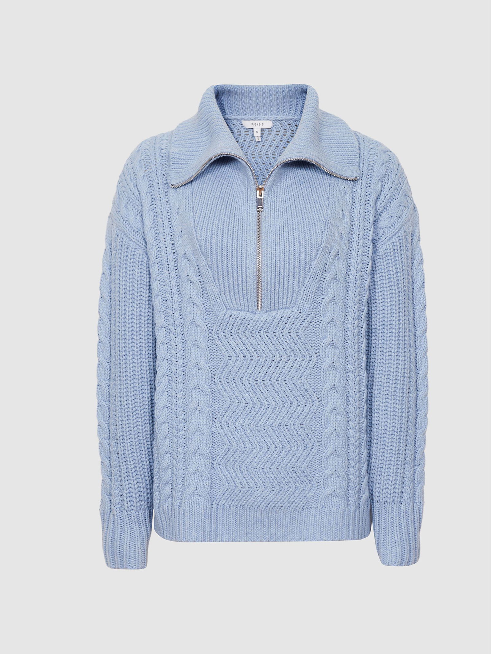 REISS Alexis Cable Knit Zip Neck Jumper in Blue | endource