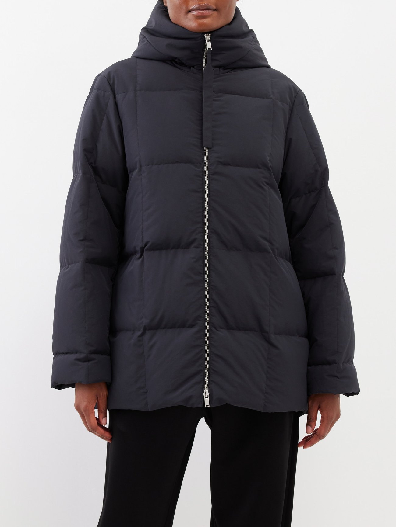 JIL SANDER Hooded Quilted Down Jacket in Black | endource