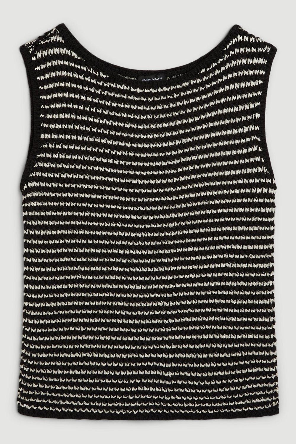 KAREN MILLEN Open Stitch Belted Knit Funnel Neck Top in Mono | Endource