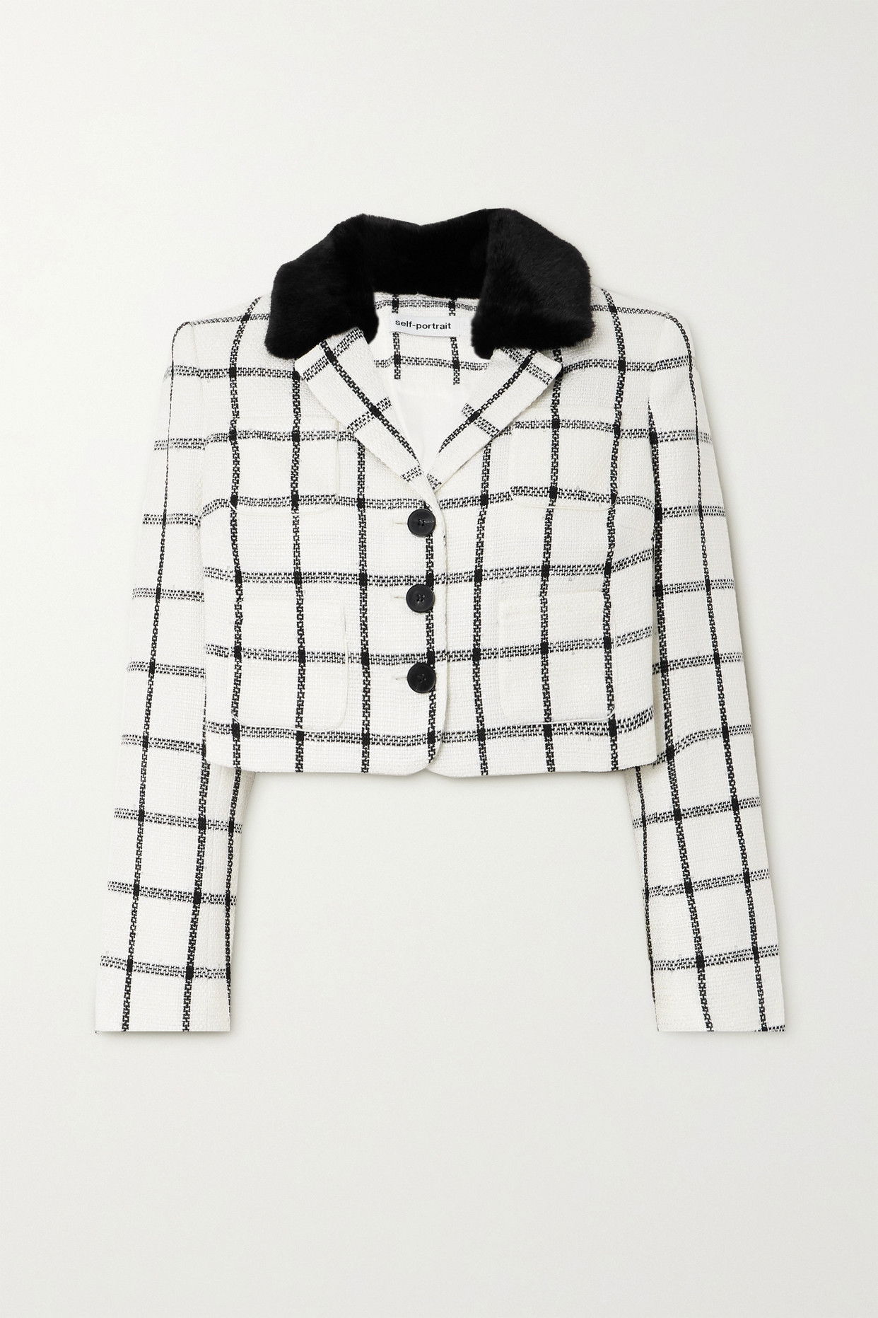 SELF-PORTRAIT Cropped Faux Fur-Trimmed Checked Tweed Jacket in Cream ...