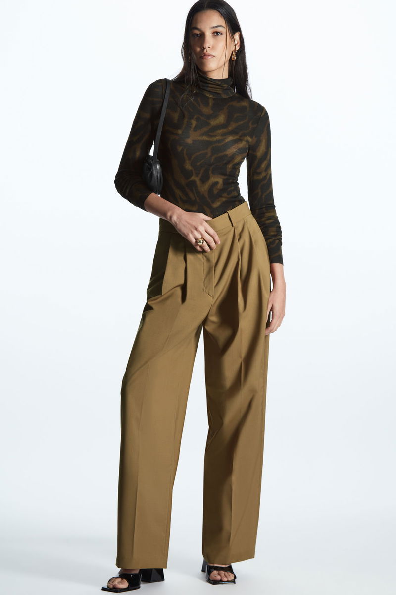 COS Slim-Fit Merino Wool Turtleneck Top in BROWN / TIGER PRINT | endource