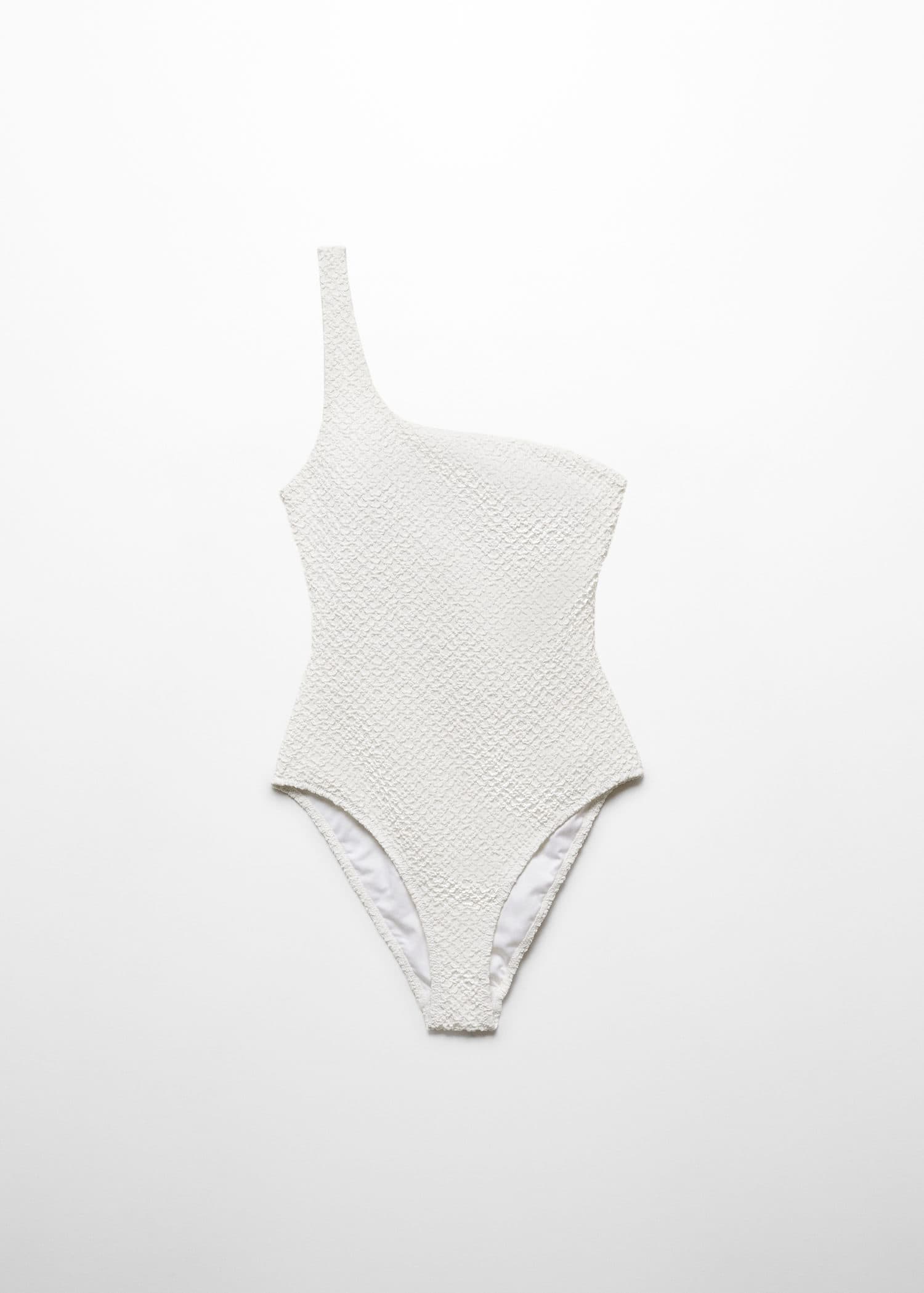 MANGO Asymmetrical Textured Swimsuit in White | endource