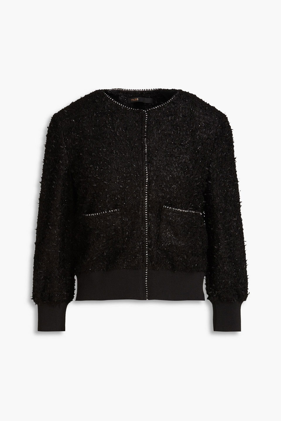 MAJE Chain-Embellished Metallic Fil Coupe Bomber Jacket in Black | endource
