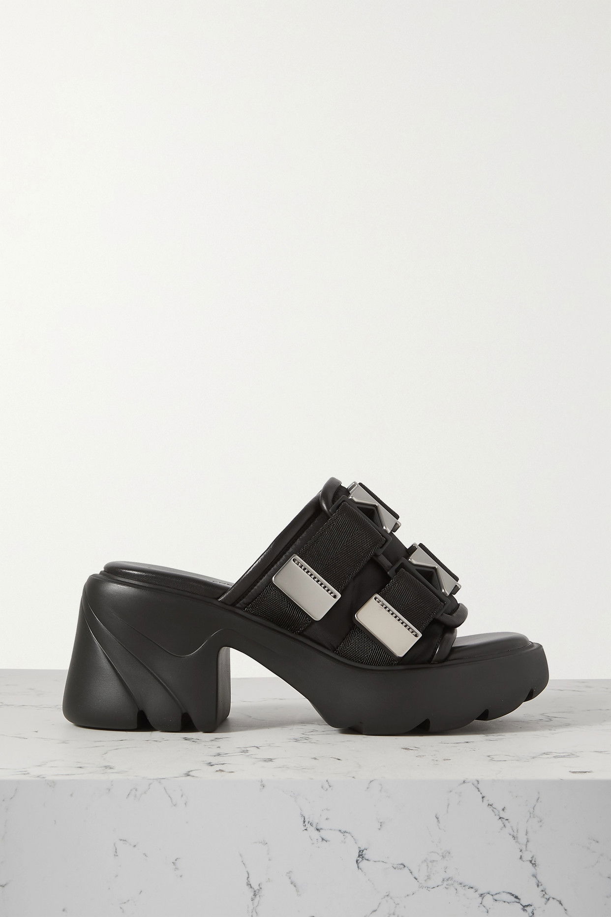 BOTTEGA VENETA Flash Buckled Canvas Platform Mules in Black | endource