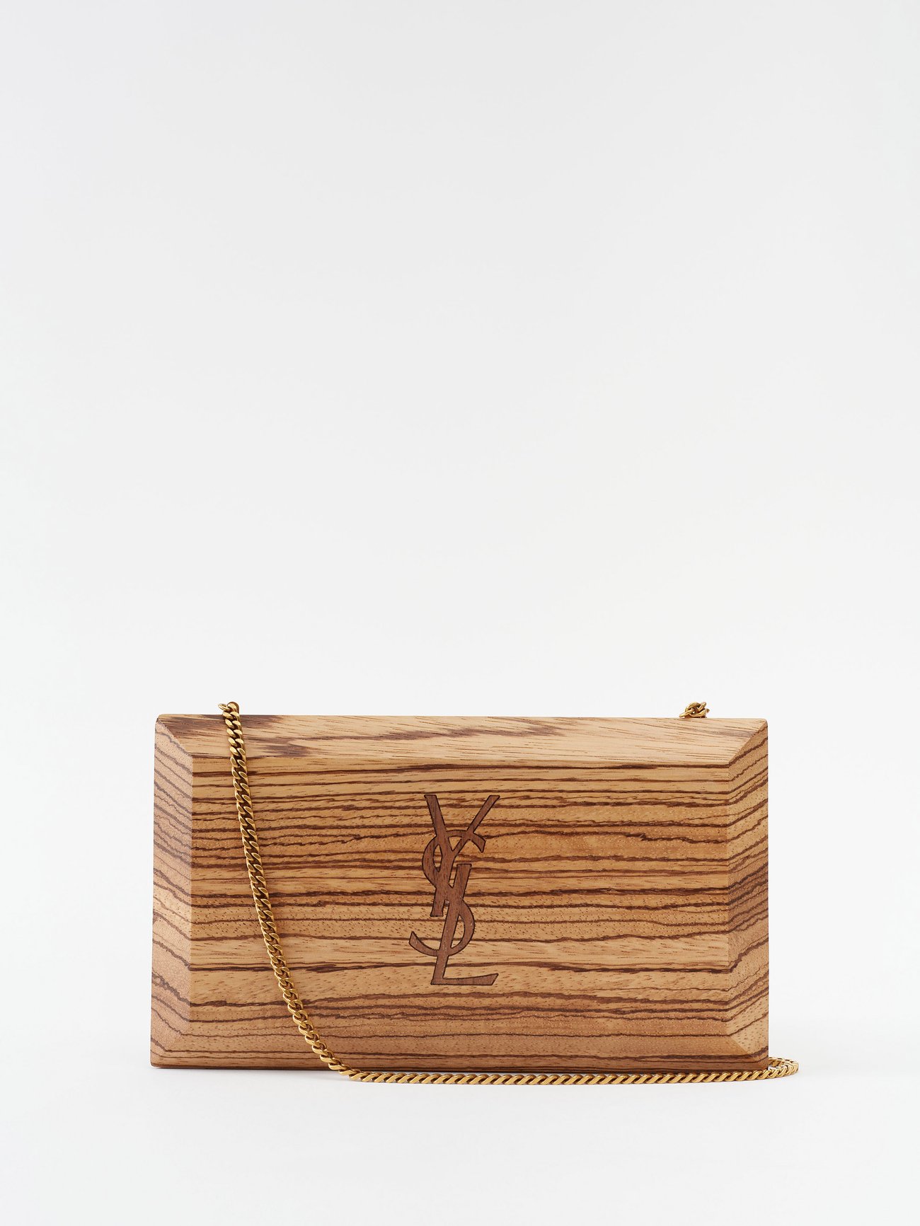 SAINT LAURENT Minaudiere YSL-Engraved Wooden Clutch Bag in Brown | endource