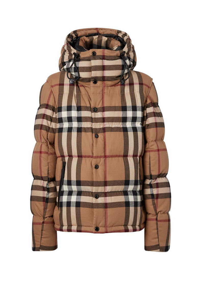 BURBERRY Detachable Sleeve Check Cotton Hooded Puffer Jacket | endource