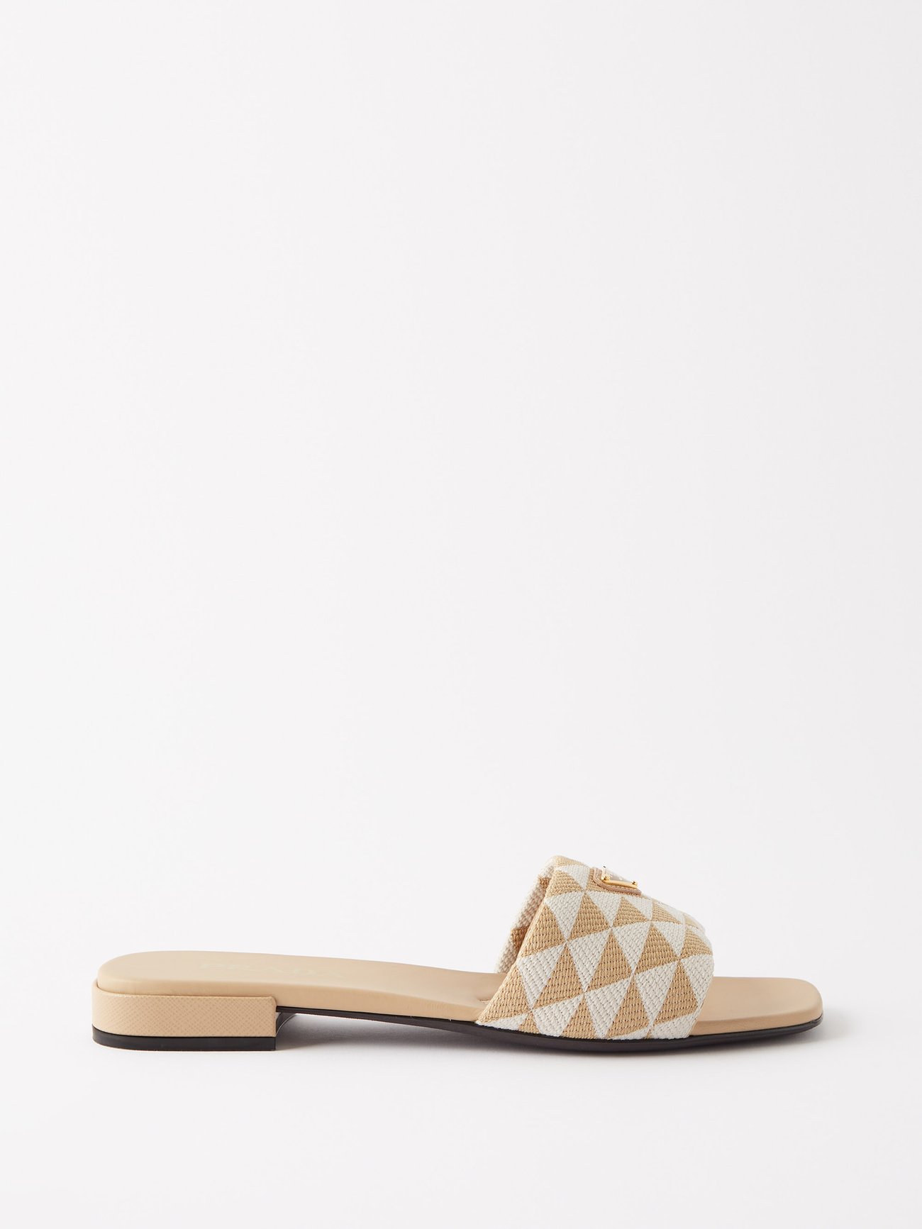 PRADA Triangle-Jacquard Leather Sandals in Beige | endource