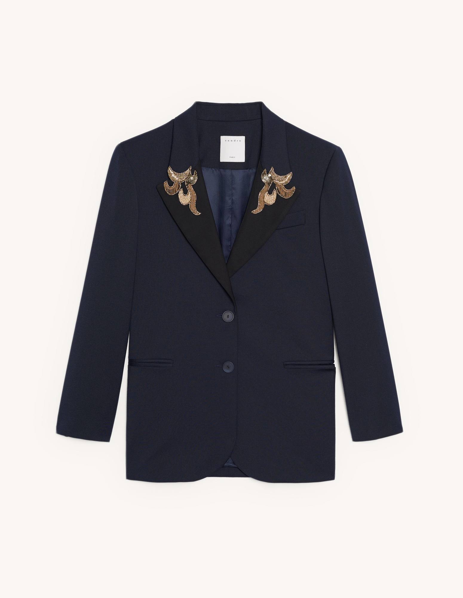 SANDRO Tailored Jacket With Jewelled Patches in Navy Blue | endource