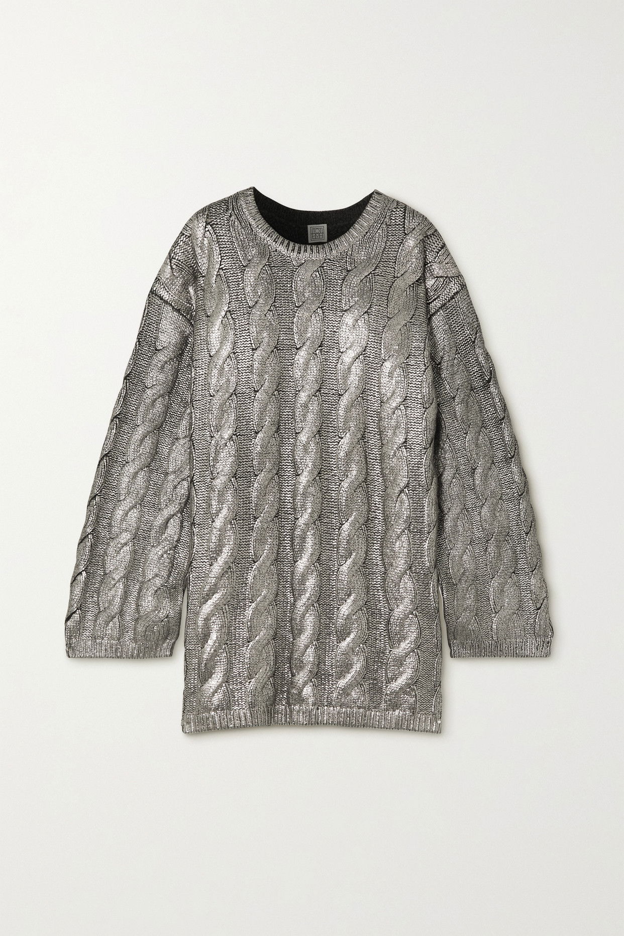 TOTEME Metallic Cable-Knit Wool Sweater in Silver | endource