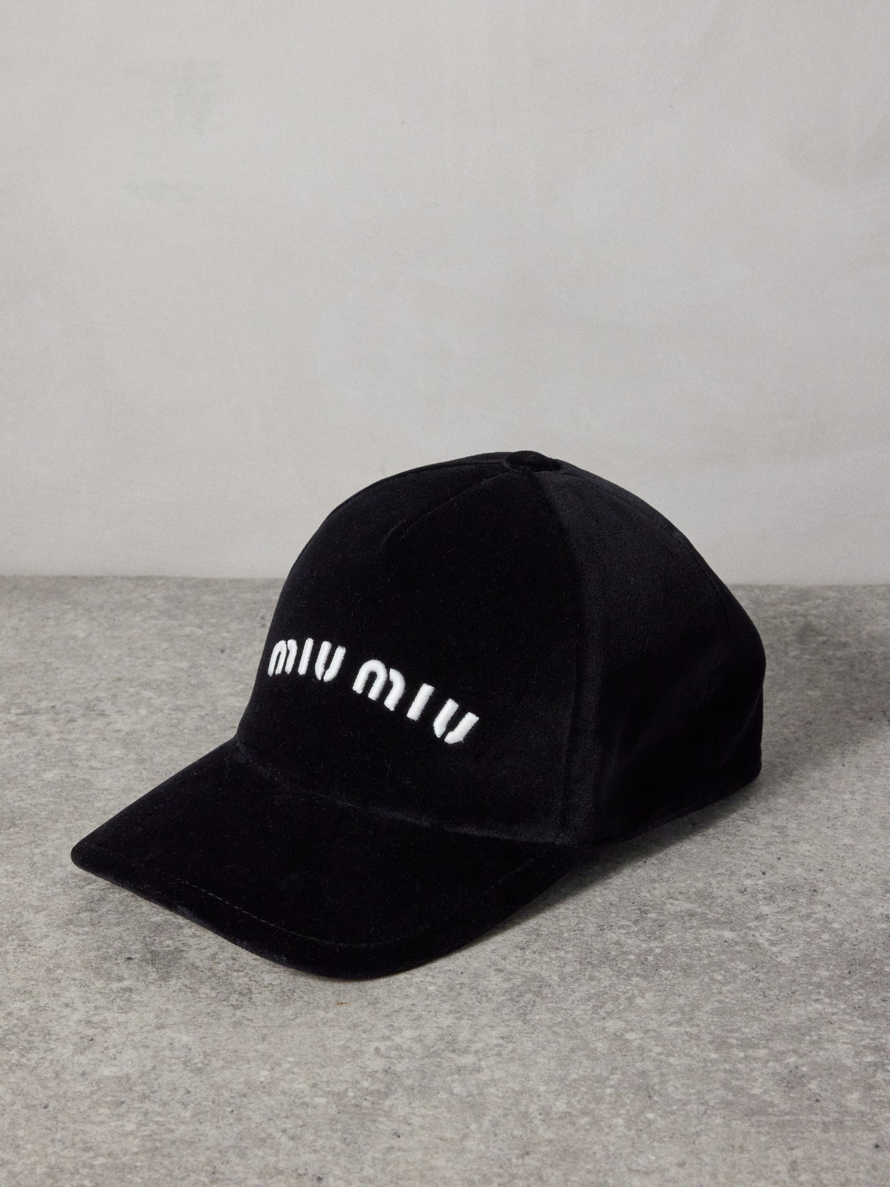 MIU MIU Logo-Embroidered Cotton-Velvet Cap in Black | endource
