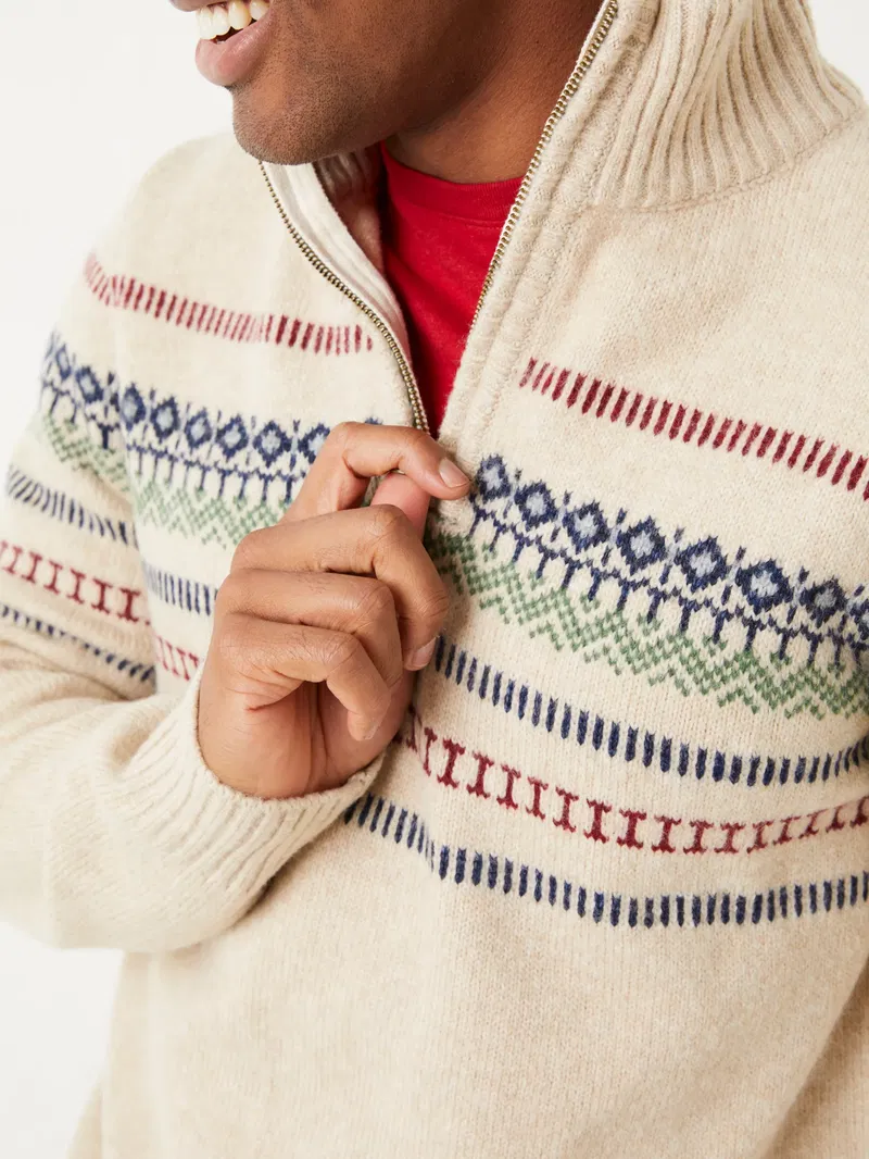 FATFACE Ives Fair Isle Pattern Half Neck Jumper in Oatmeal | Endource