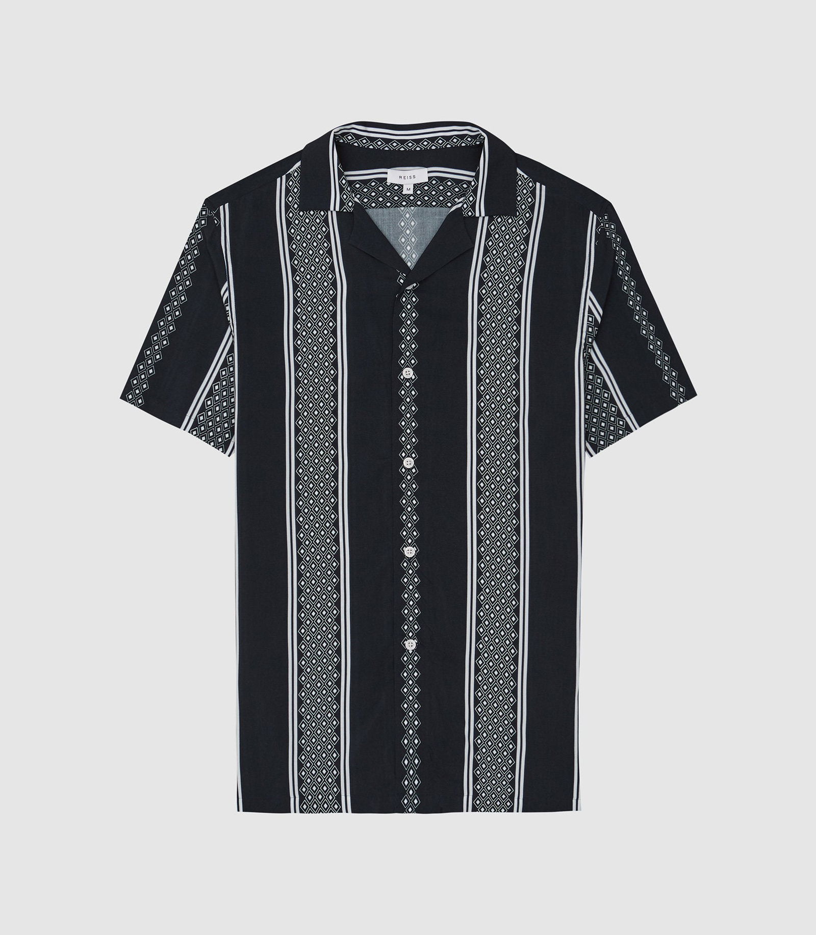 REISS Yanis Diamond Printed Cuban Collar Shirt in Navy | endource