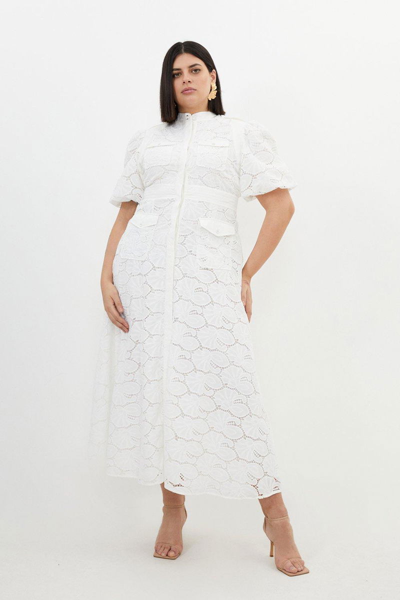 KAREN MILLEN Plus Size Cotton Cutwork Woven Maxi Dress in White | Endource
