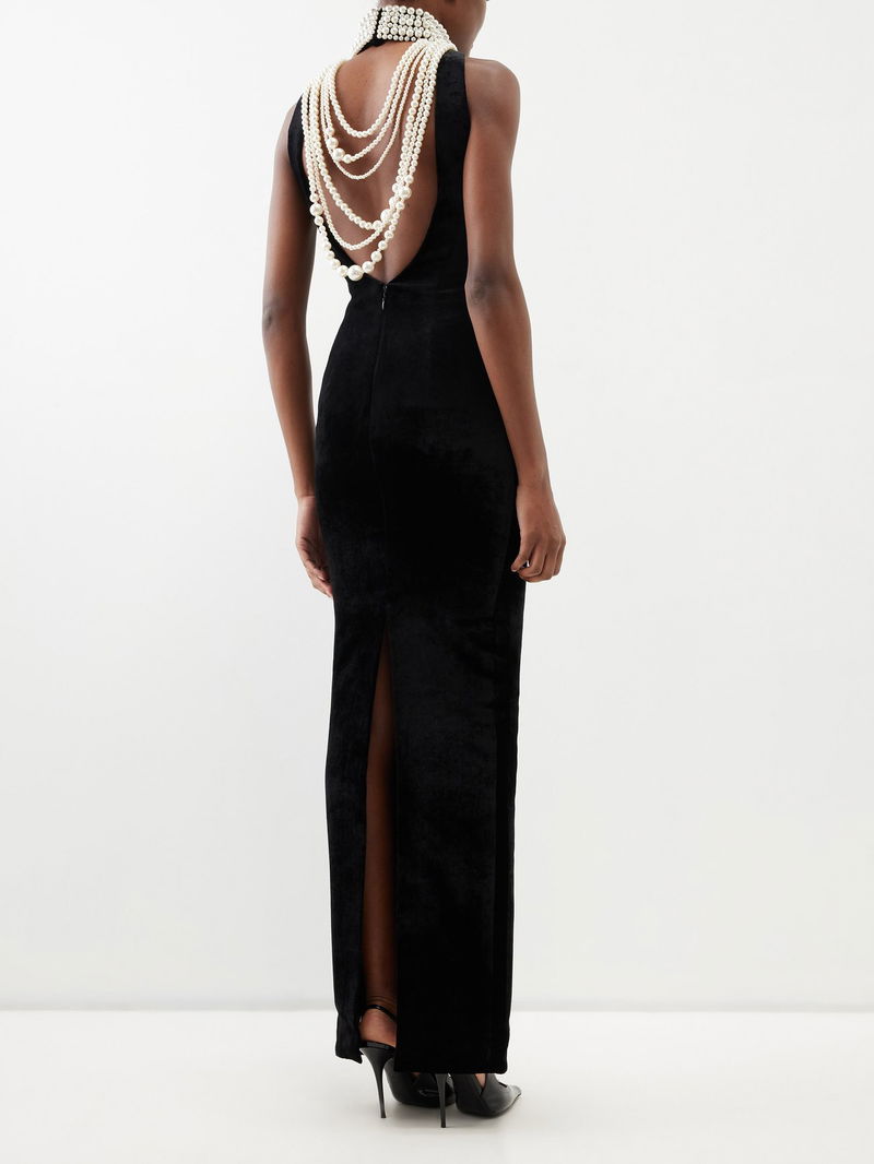 BALMAIN Faux-Pearl Embellished Velvet Gown in Black | endource