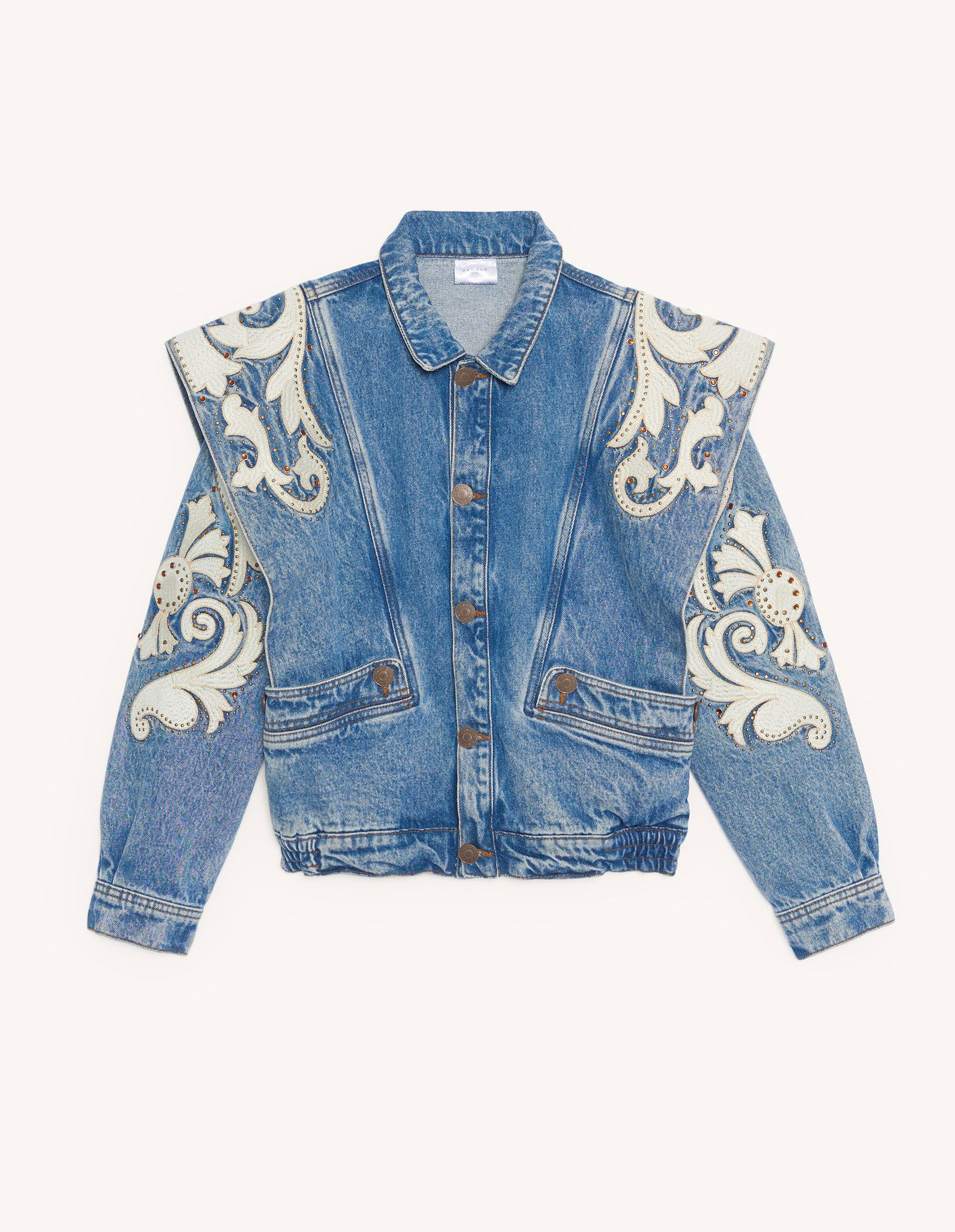 SANDRO Denim Jacket With Patches And Rhinestones in Blue Jean | Endource