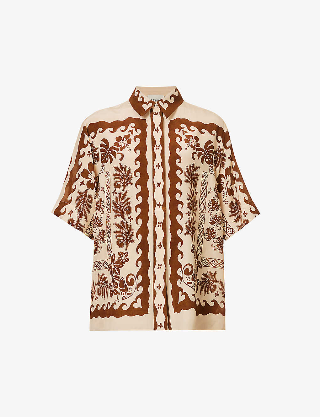 ALÉMAIS Tropic Graphic-Pattern Silk Shirt in Choc Cream | endource