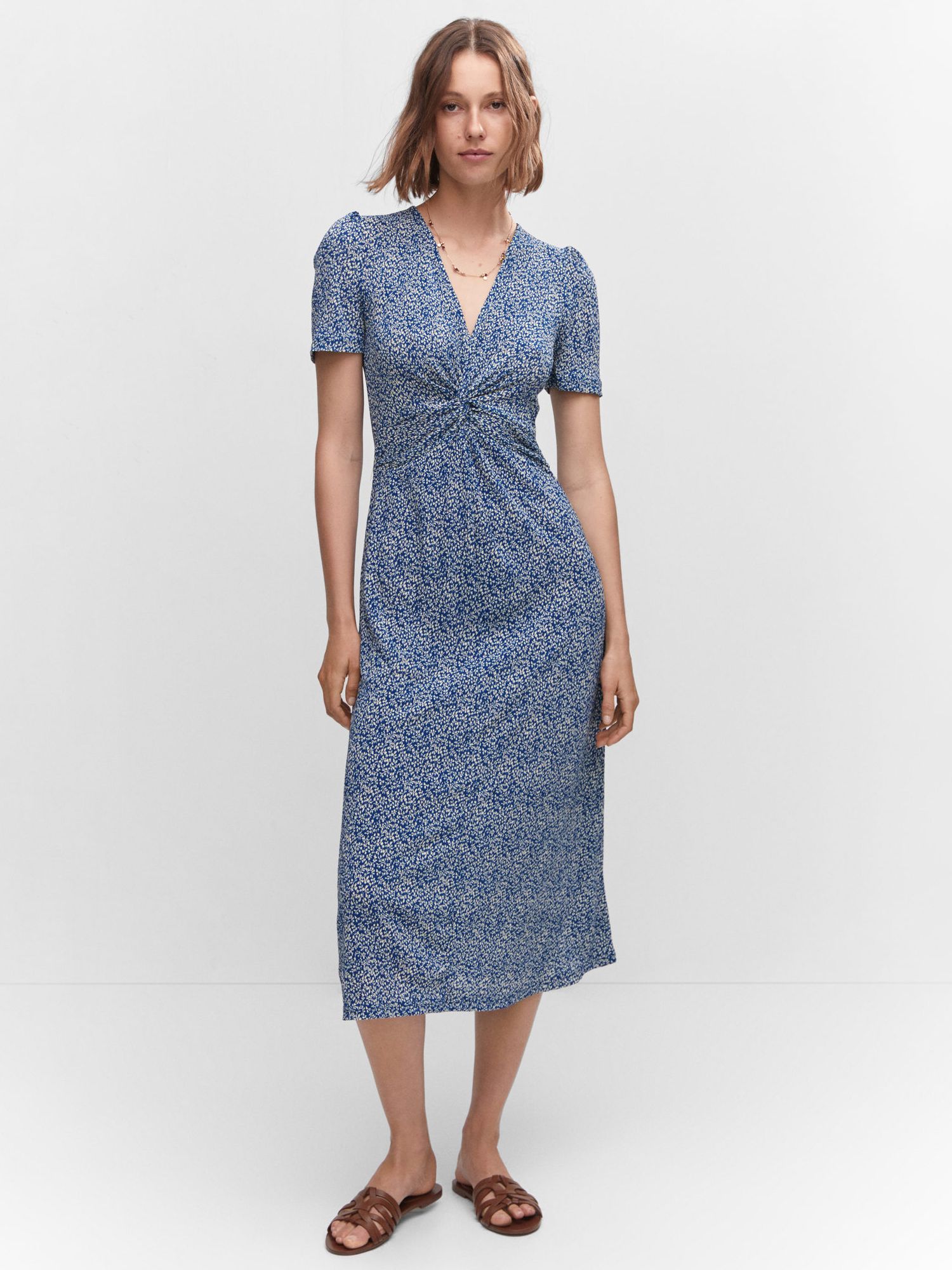MANGO Poma Floral Midi Dress in Medium Blue | endource