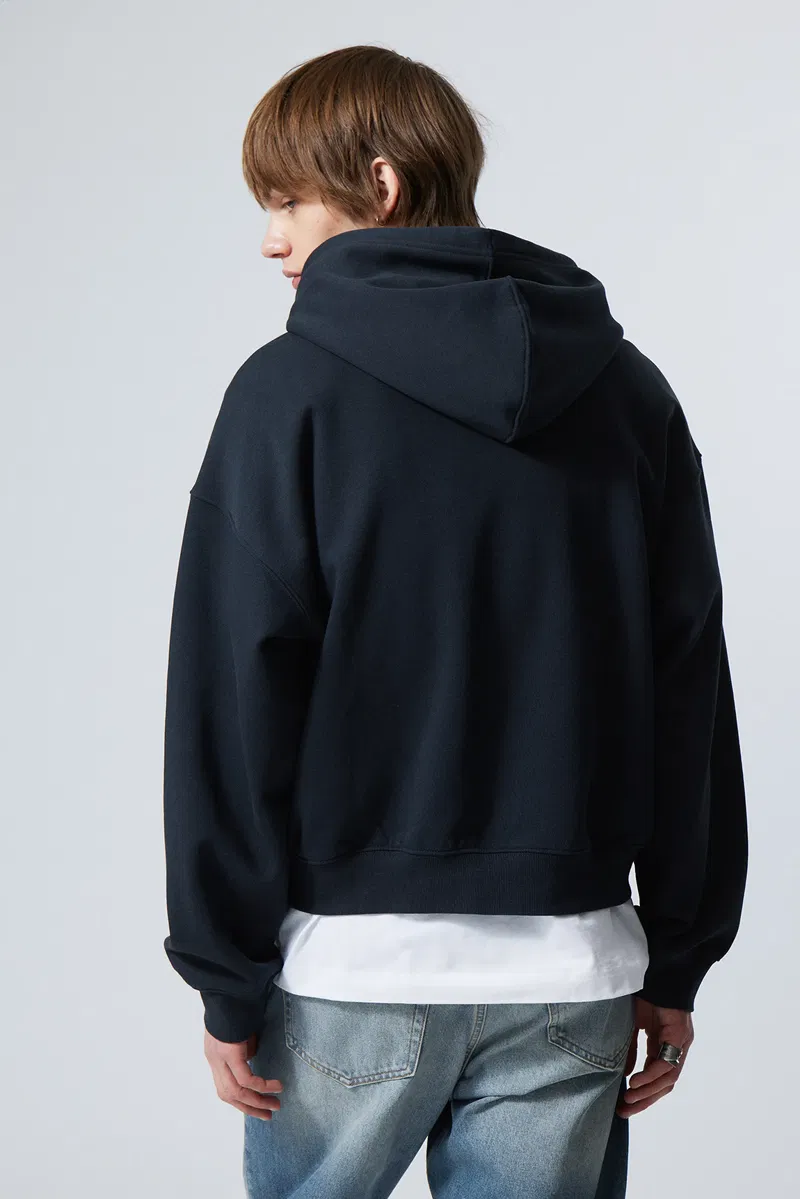 WEEKDAY Boxy Graphic Zip Hoodie in Tech Way Navy | Endource