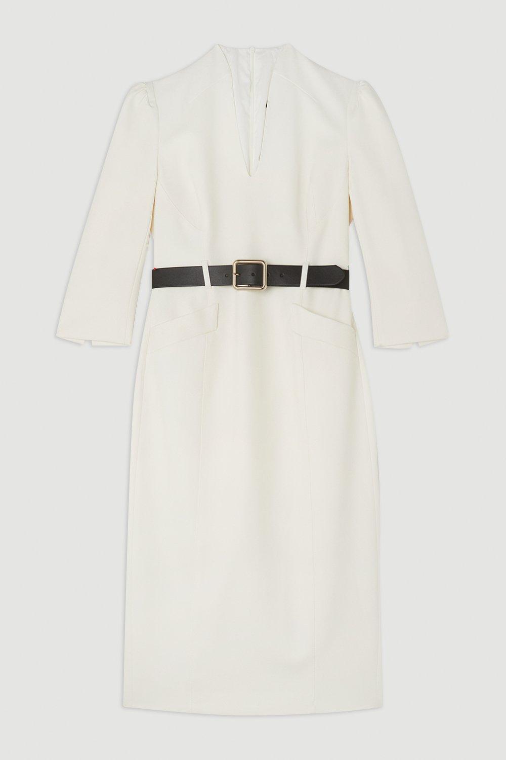 Karen Millen Tailored Structured Crepe High Neck Belted Pencil Dress In