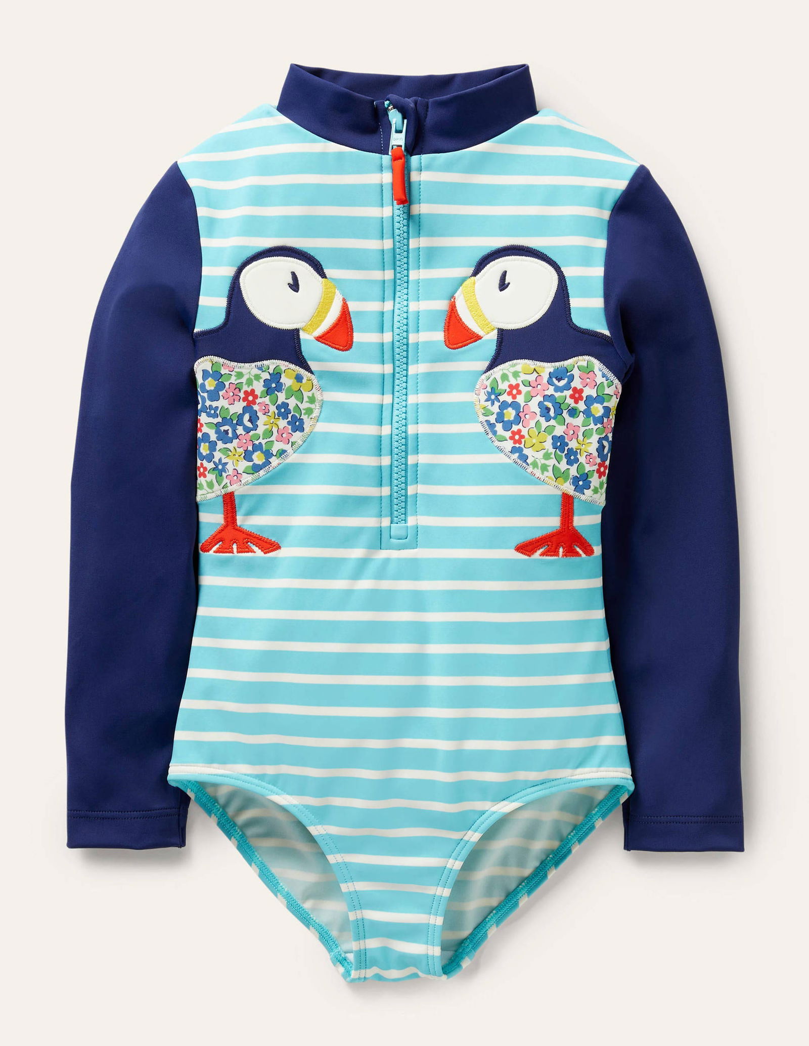 BODEN Long-Σleeved Appliqué Swimsuit in Aqua/Ivory Puffins | Endource