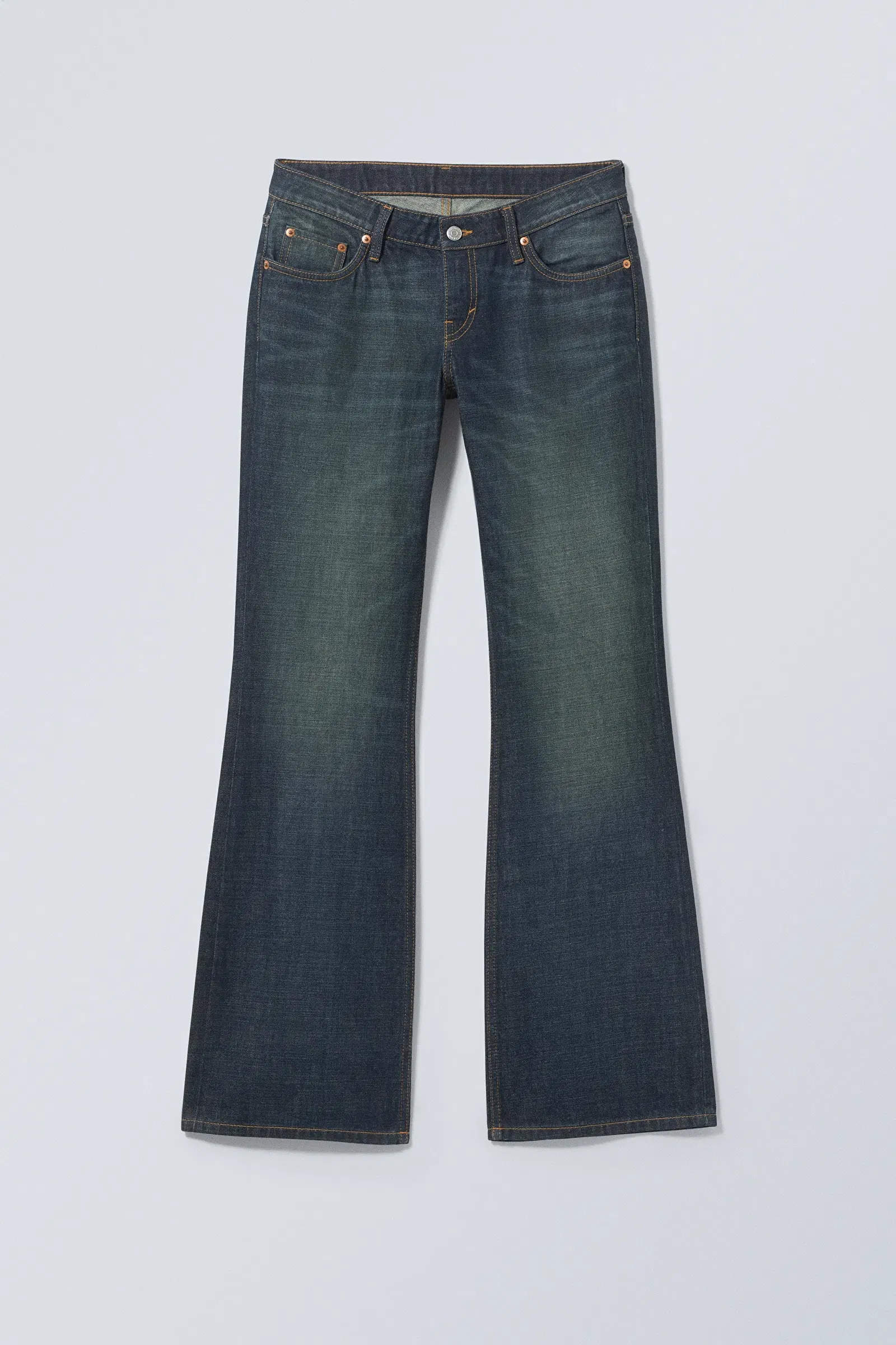 WEEKDAY Nova Low Slim Bootcut Jeans in Swamp Blue | endource