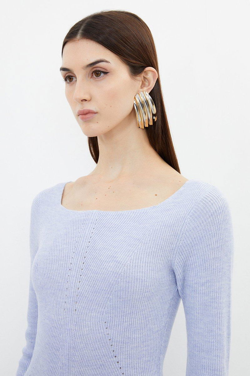Karen Millen Premium Wool Blend Fashioned Rib Knit Square Neck Midi