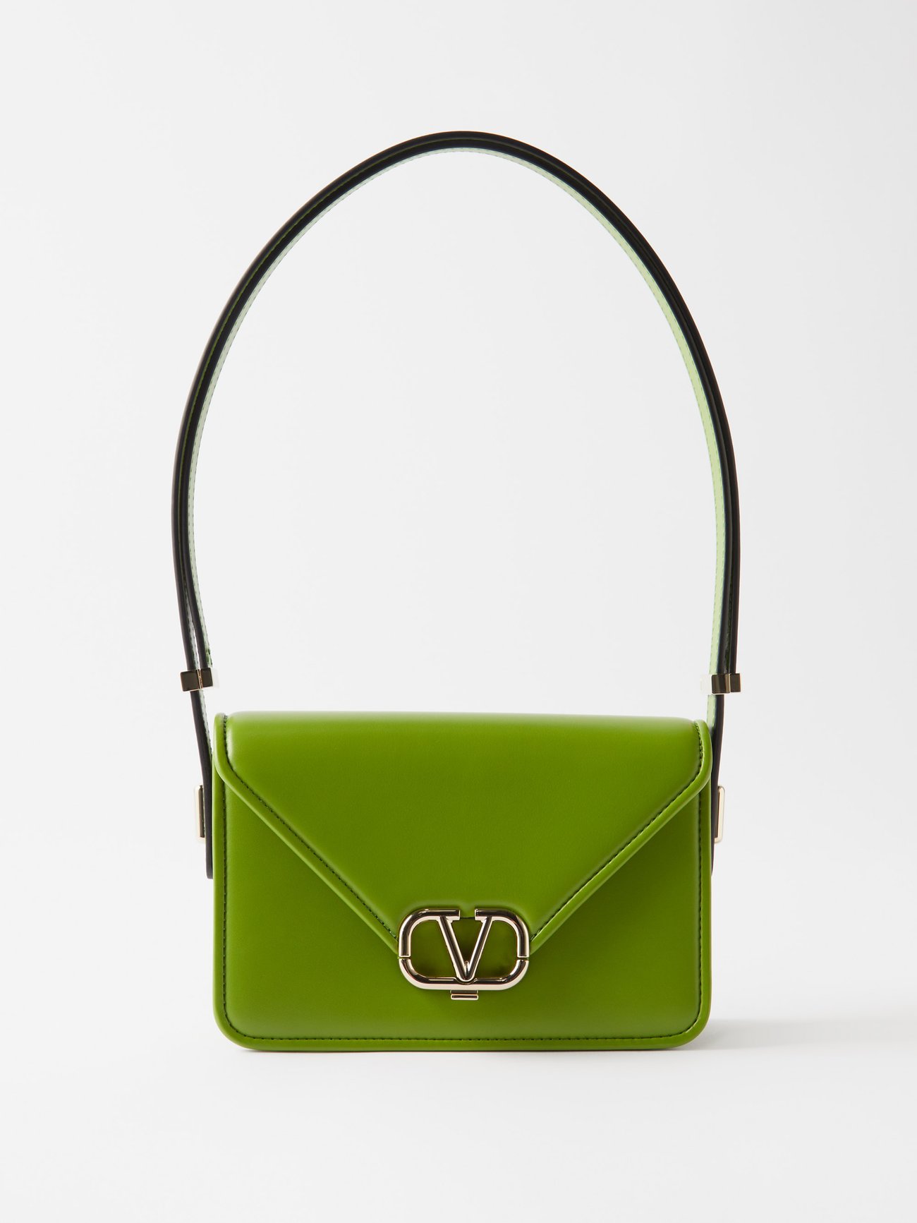 VALENTINO GARAVANI Letter V-Logo Leather Shoulder Bag in Green | endource
