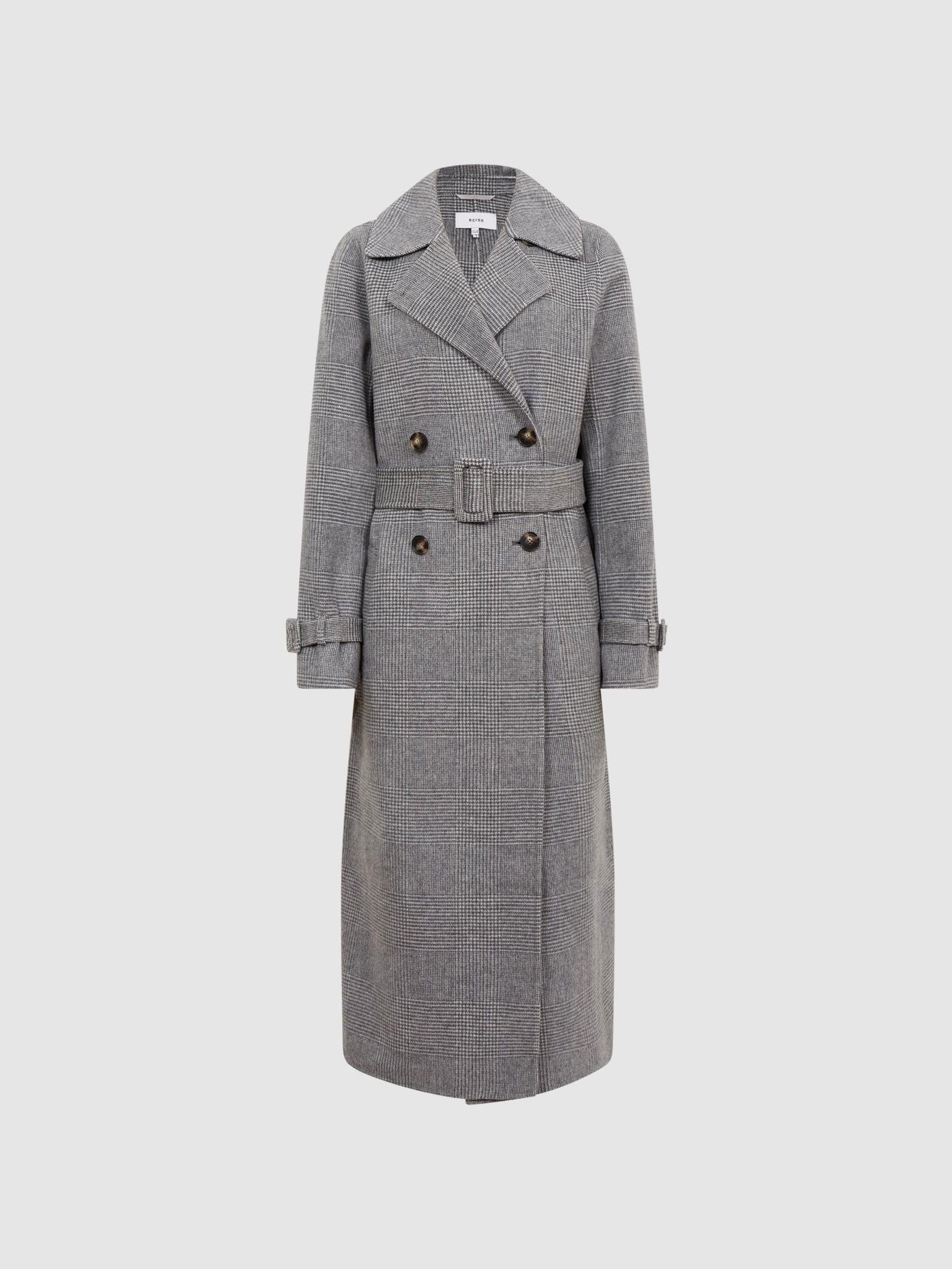 REISS Alexa Belted Blindseam Checked Trench Coat in Grey | endource