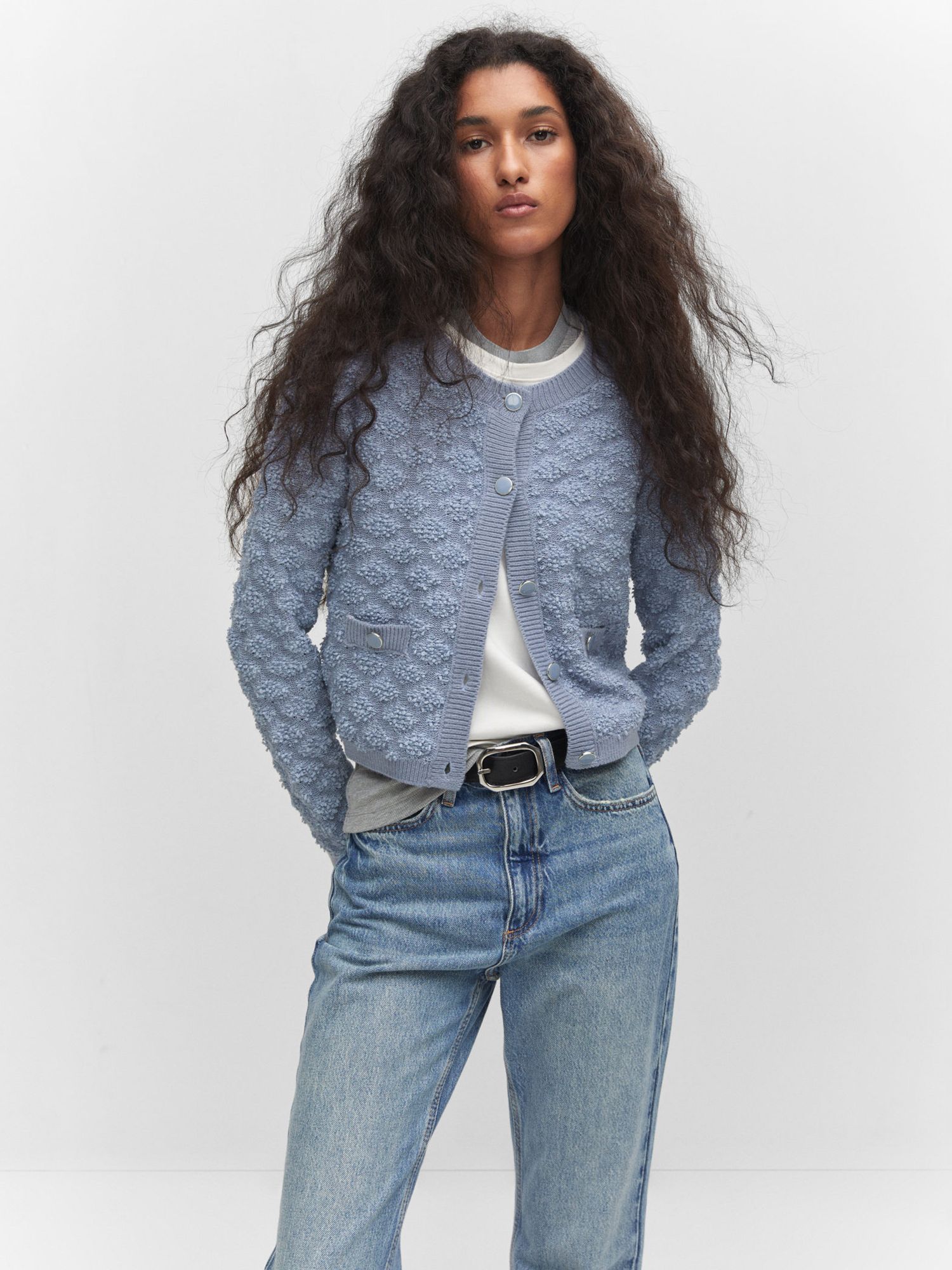 MANGO Mbappe Textured Cardigan in Light Pastel Blue | Endource