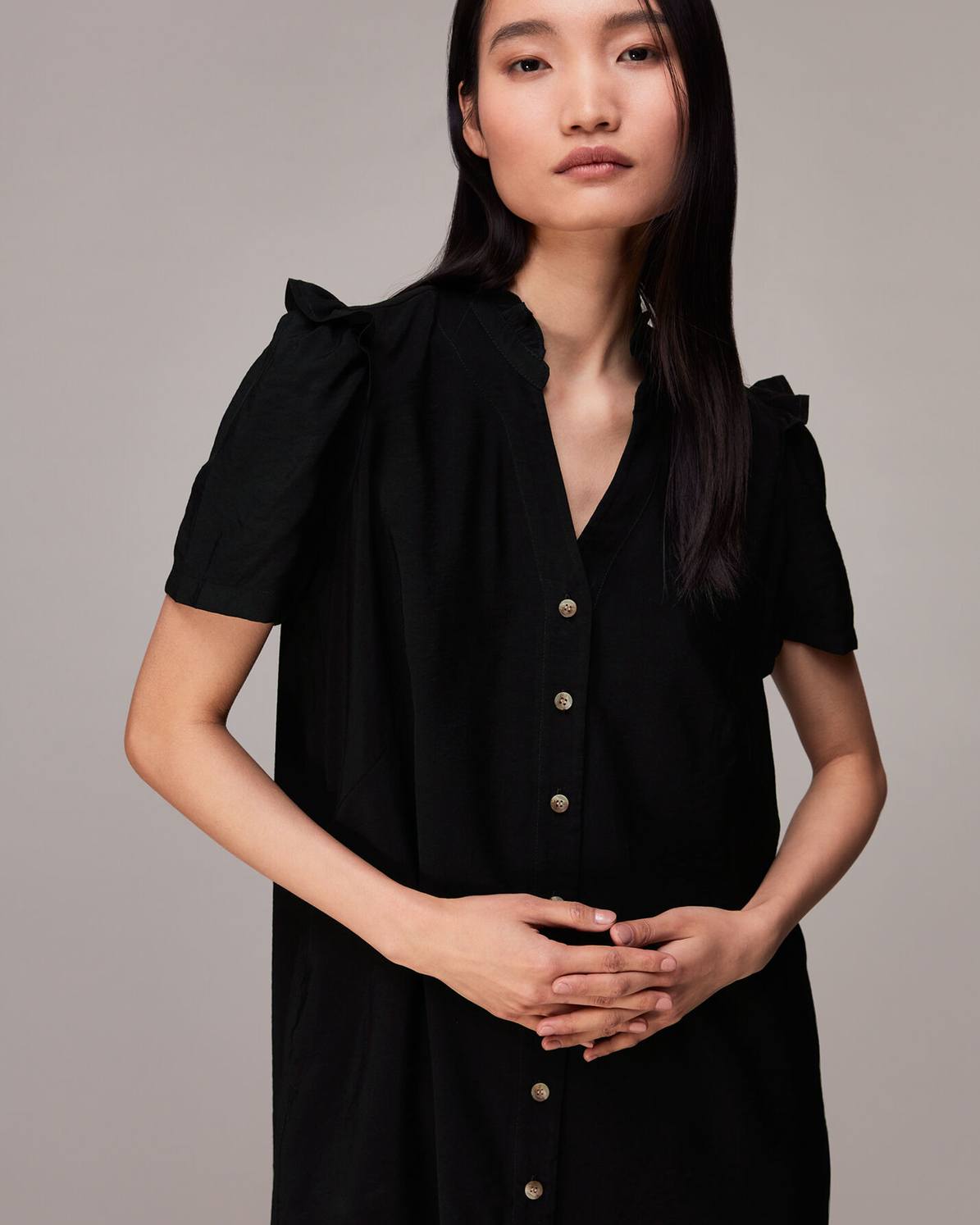 WHISTLES Rosalie Button Through Dress in Black | Endource