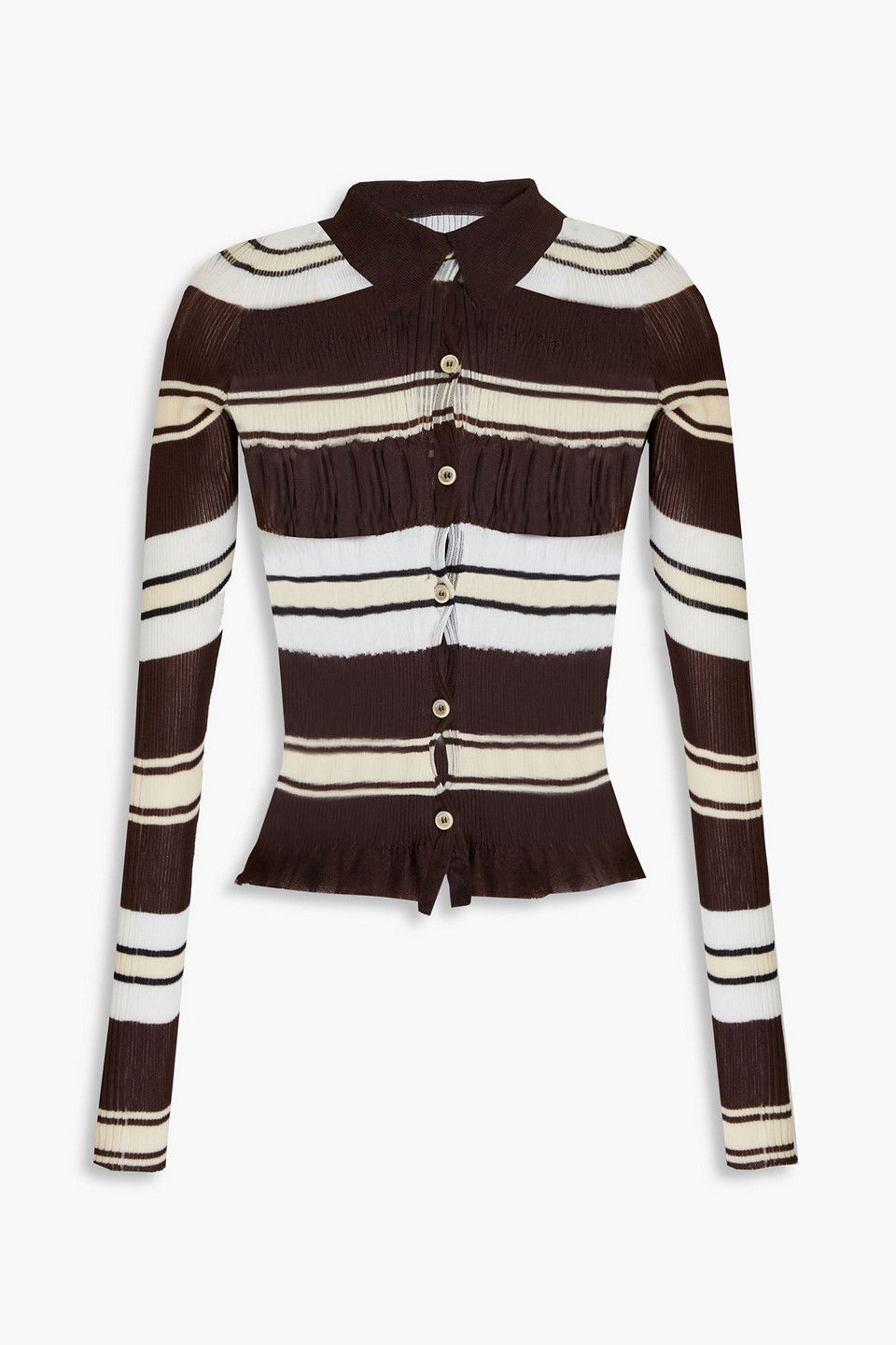 JACQUEMUS Ruffled Striped Ribbed-Knit Shirt in Brown | endource