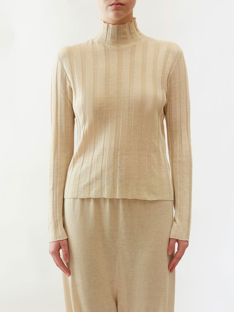 THE ROW Daxy High-Neck Ribbed Linen-Blend Top in Beige | Endource
