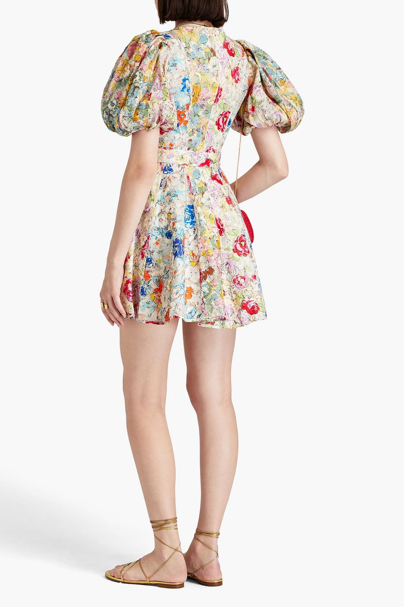 Zimmermann Belted Floral Print Linen Mini Dress In White Endource