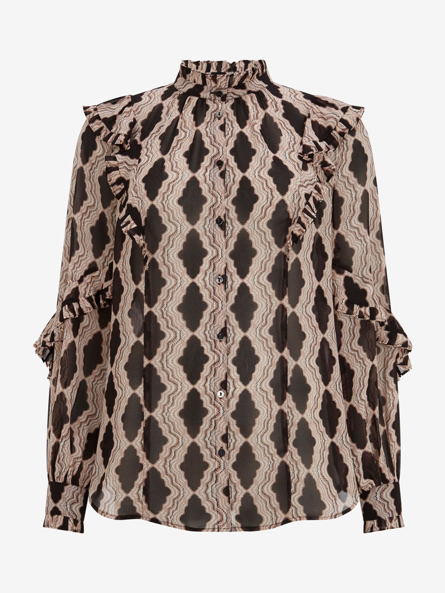 MINT VELVET Graphic Print Ruffle Blouse in Black/Beige | endource