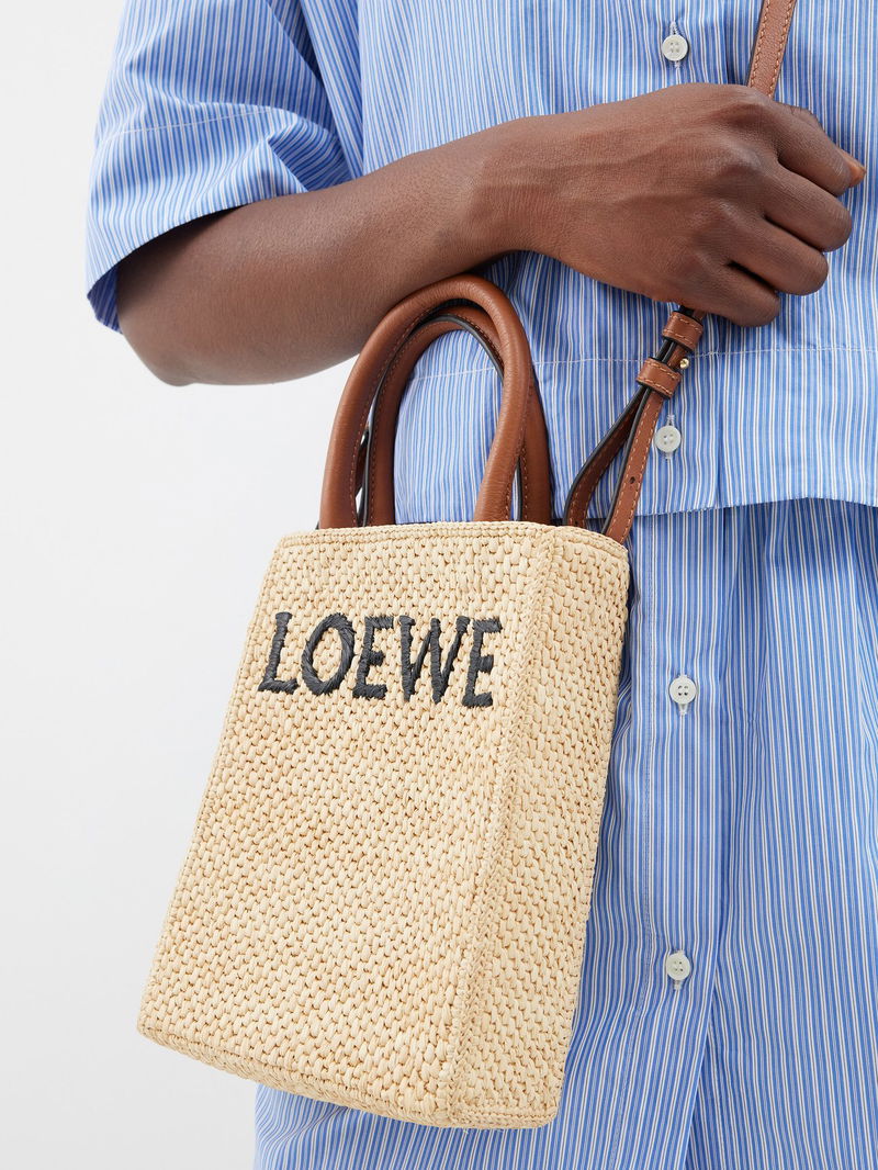 LOEWE A5 Logo-Jacquard Raffia Leather-Trim Tote Bag in Beige | endource