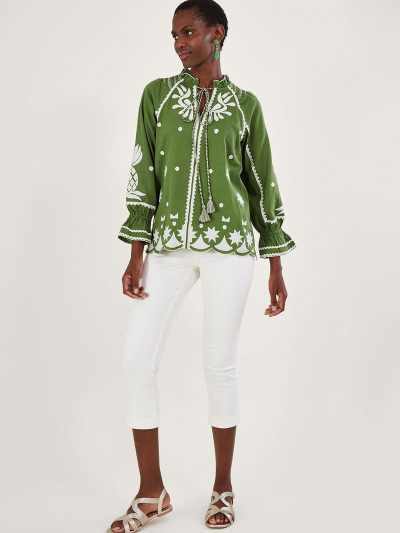 Monsoon Embroidered Pineapple Linen Blend Top in Green | Endource