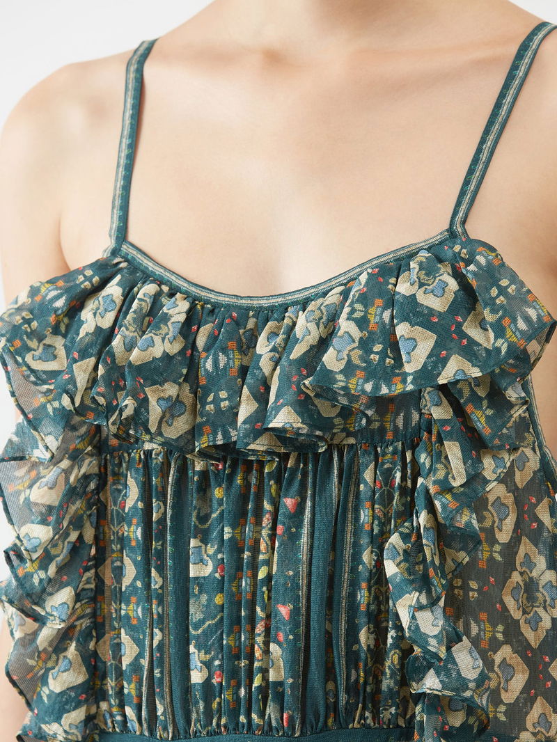 ISABEL MARANT Macha Geometric-Print Ruffled Midi Dress in Green | Endource